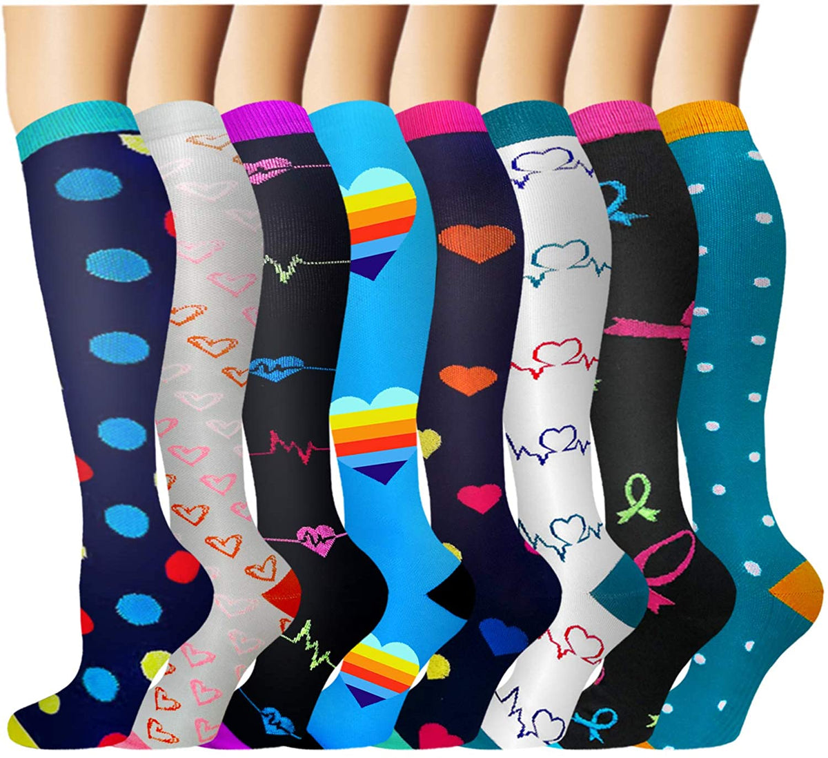 8-Pairs Knee-Length Pot Pattern Mix Compression Socks （20-30 mmHG) | A ...