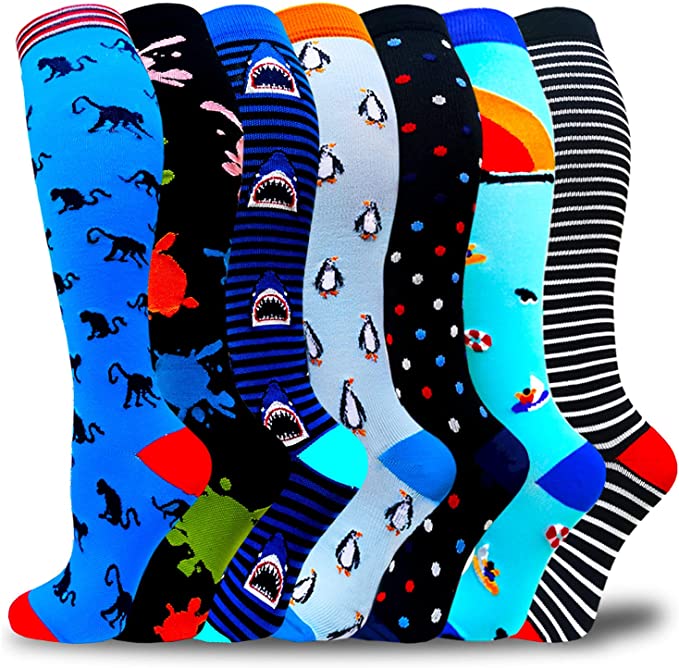 7-Pairs Animal Print Compression Socks for Man and Woman (20-30 mmHG ...
